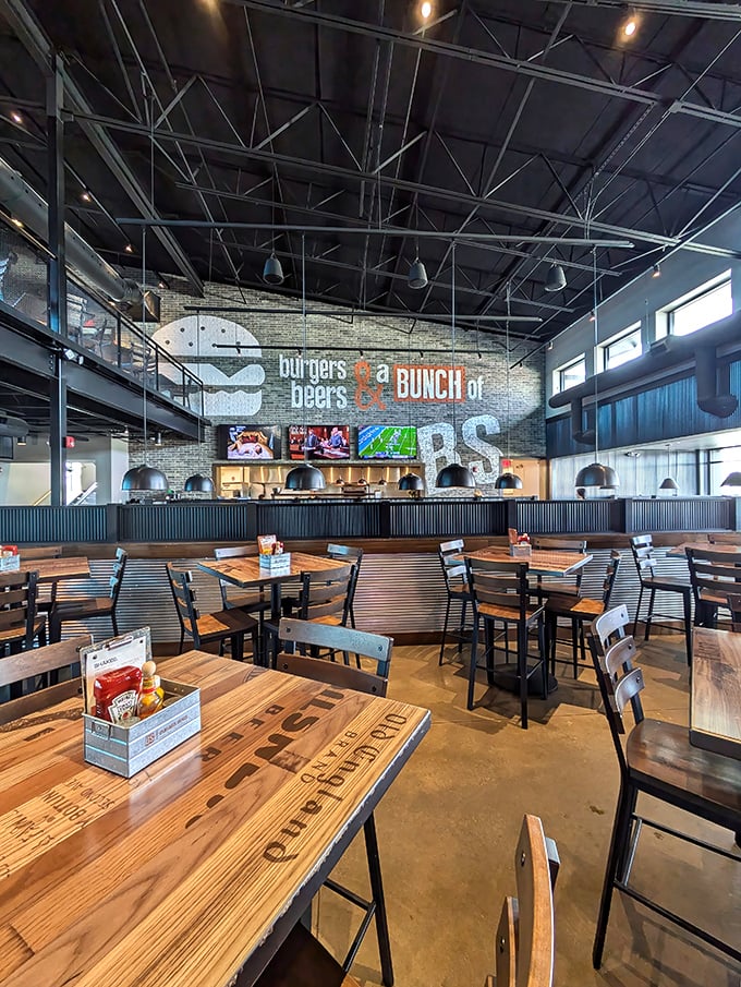 Industrial-chic meets comfort in this thoughtfully designed space where "Burgers, Beers & a BUNCH of BS" isn't just clever wordplay&mdash;it's a mission statement. 