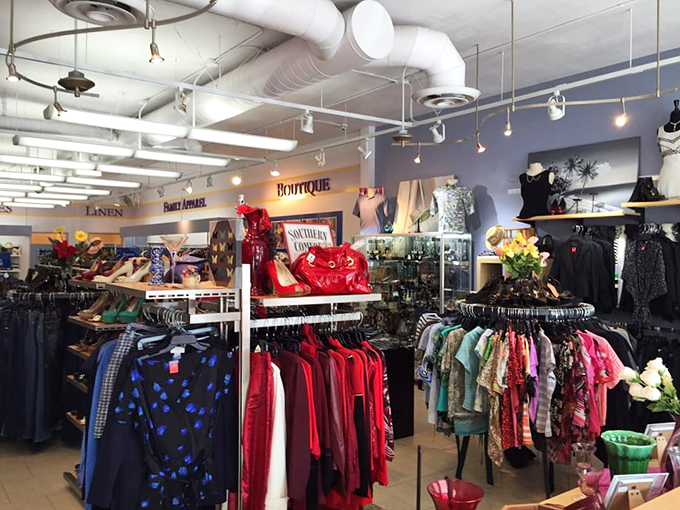 The boutique section at La Jolla Goodwill looks more like a curated fashion exhibit than a thrift store. That red handbag is practically screaming for a second chance at glamour.