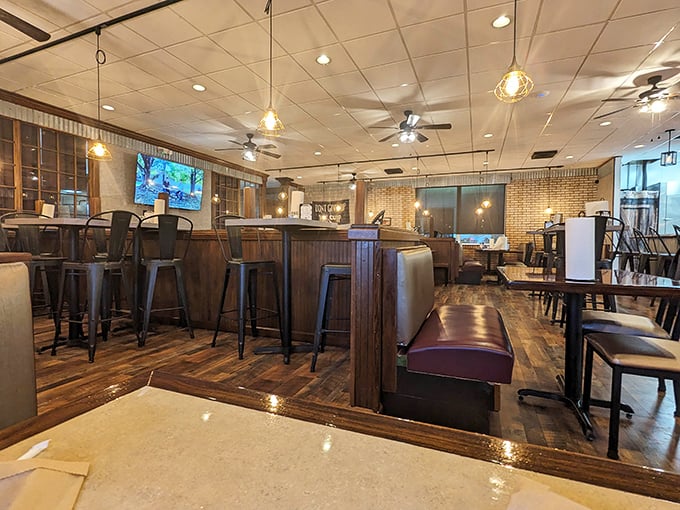 Industrial-chic meets barbecue comfort inside Underdog BBQ, where wood, brick, and metal create the perfect backdrop for serious meat appreciation.