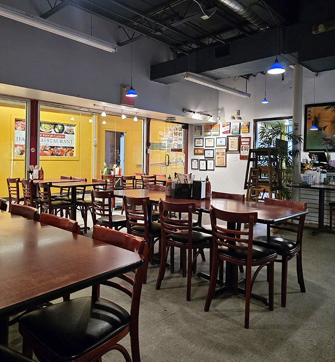Simple wooden tables, blue pendant lights, and a wall of accolades tell you everything: this place prioritizes substance over style, and the regulars wouldn't have it any other way.