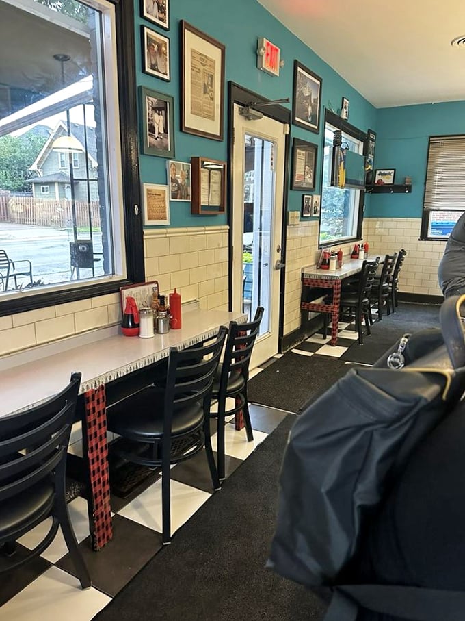 Step inside to discover turquoise walls and vintage charm creating the perfect backdrop for morning magic.