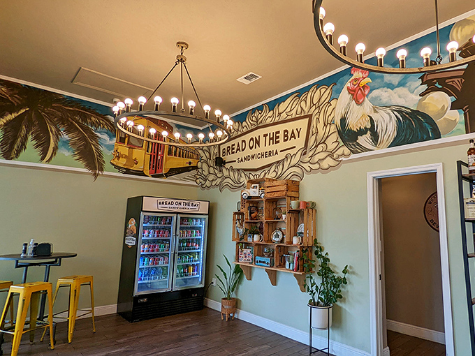 That mural though! Palm trees, streetcars, and a rooster watching over refrigerated drinks &ndash; Florida's essence captured in vibrant color.