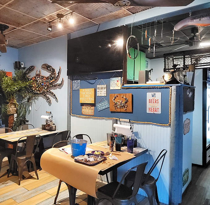 Nautical charm meets mountain coziness inside, where decorative crabs and witty signs create the perfect backdrop for seafood indulgence.