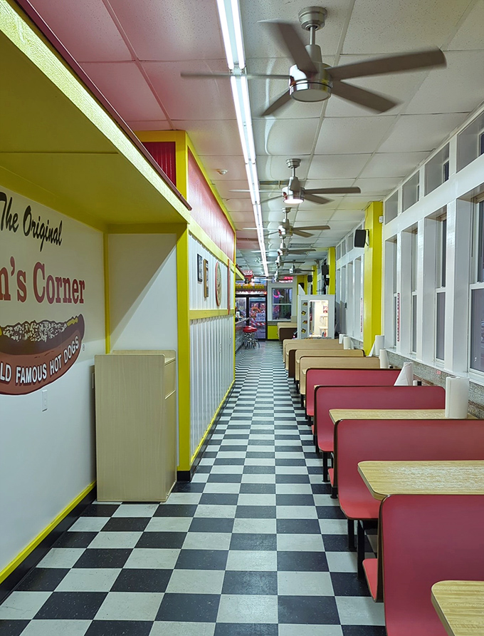 Classic Americana flows through this checkered-floor corridor. The red vinyl booths have witnessed countless first dates, family gatherings, and post-beach refueling sessions.