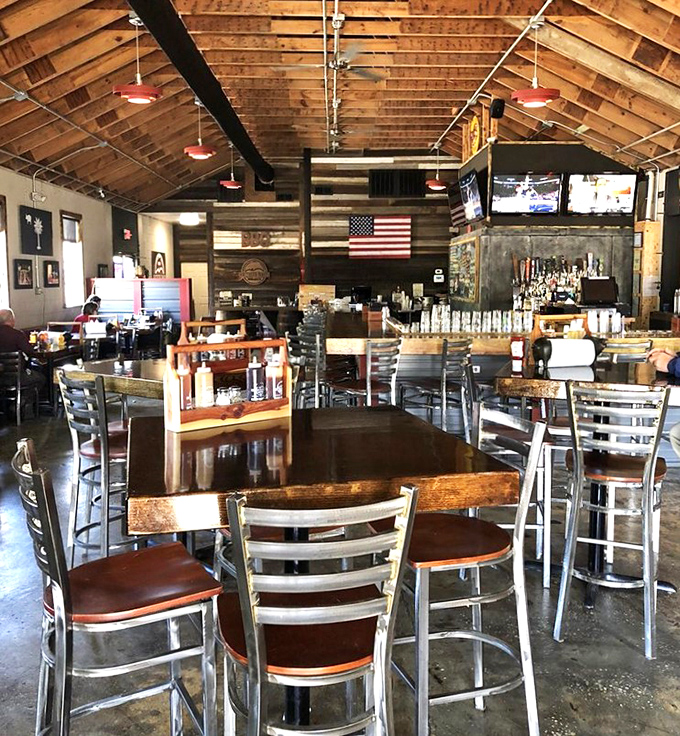 Exposed wooden beams and rustic charm create the perfect backdrop for serious barbecue consumption. Like a cathedral dedicated to smoked meat worship.