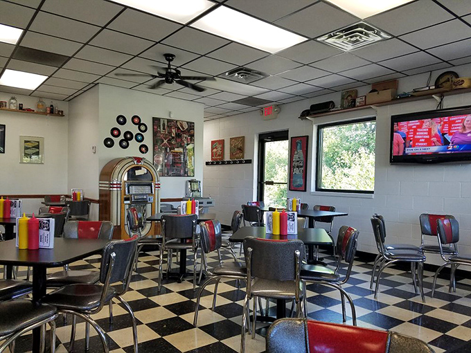 Step inside and the black-and-white checkered floor announces you've entered a different era. The vintage diner aesthetic isn't trendy&mdash;it's authentic.