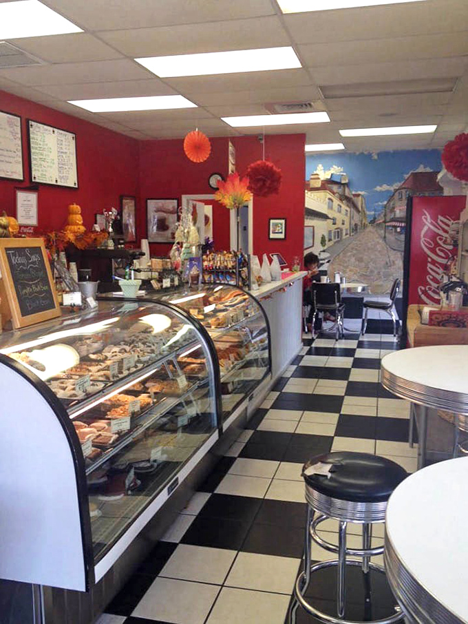Step inside to a world where red walls and checkered floors create the perfect backdrop for sugar-induced happiness.