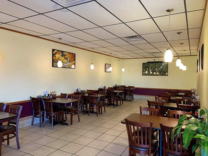 Clean lines, simple décor, and wooden chairs that say, "Stay awhile." This dining room lets the food do the talking.