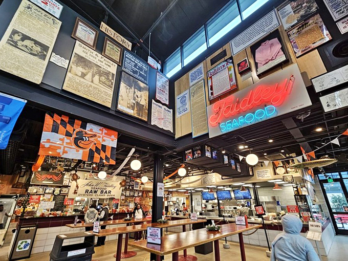 History hangs from every inch of ceiling space at Faidley's. The Maryland flag and neon glow create the perfect backdrop for seafood revelations.