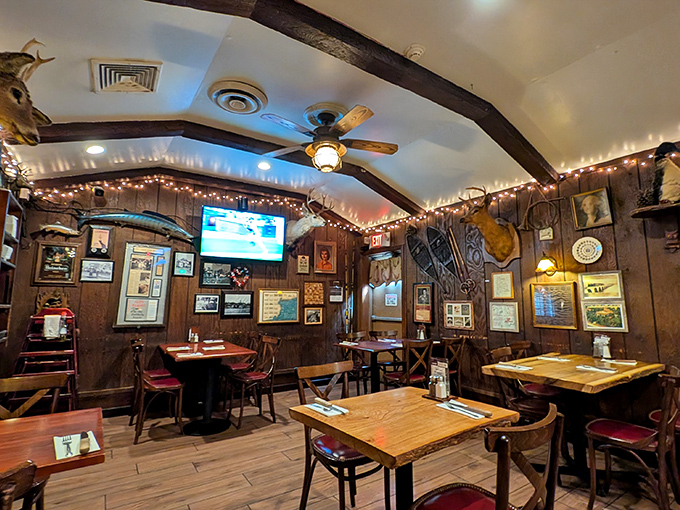 Step inside and time stands still &ndash; wood paneling, trophy mounts, and twinkling lights create the steakhouse equivalent of a warm embrace.