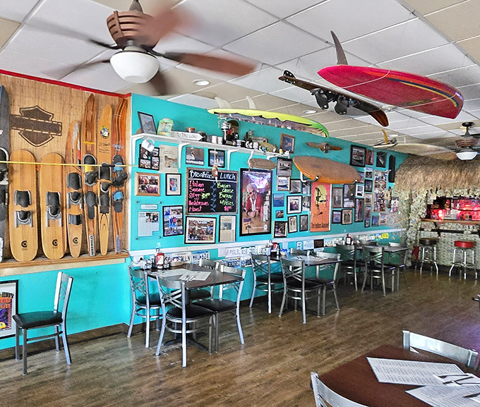 Surfboards and turquoise walls transport you to a coastal vibe, despite being in the Nevada desert. Beach breakfast without the sand in your shoes!
