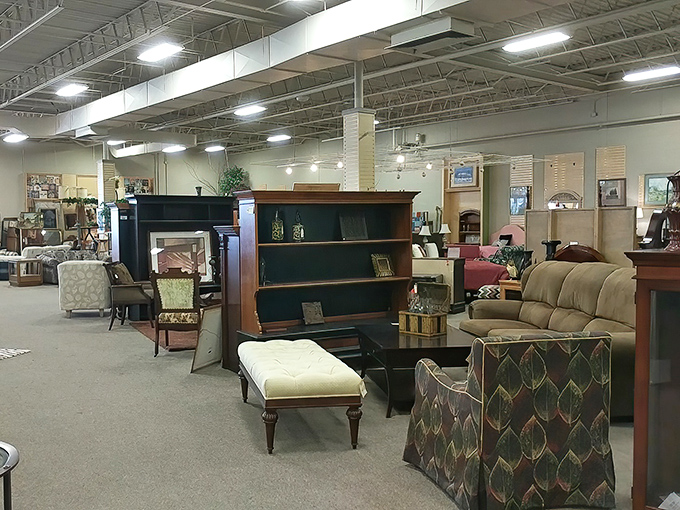 The furniture section showcases quality pieces waiting for their second act&mdash;that ottoman could tell stories if it could talk!