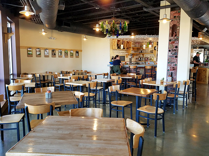 Simple wooden tables and chairs let you know immediately: this place prioritizes what's on your plate, not what you're sitting on.