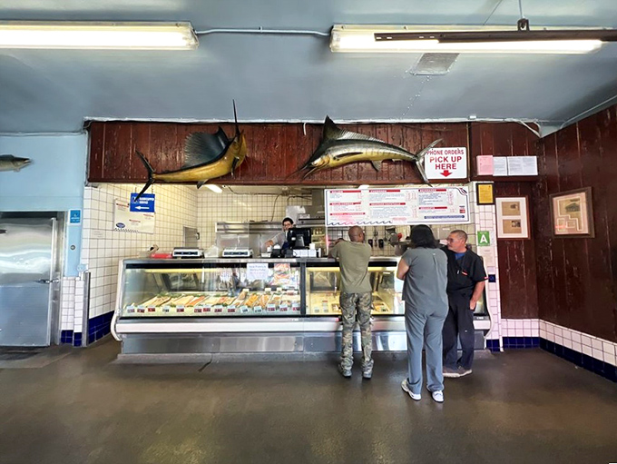 Inside, mounted fish on the walls serve as trophies reminding you exactly where your lunch comes from.