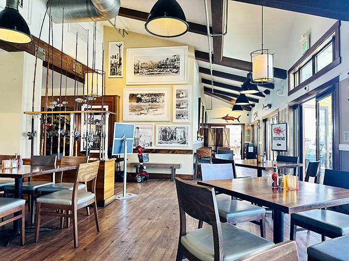 High ceilings, historic photos, and nautical touches&mdash;this interior feels like the living room of a sea captain with excellent taste.