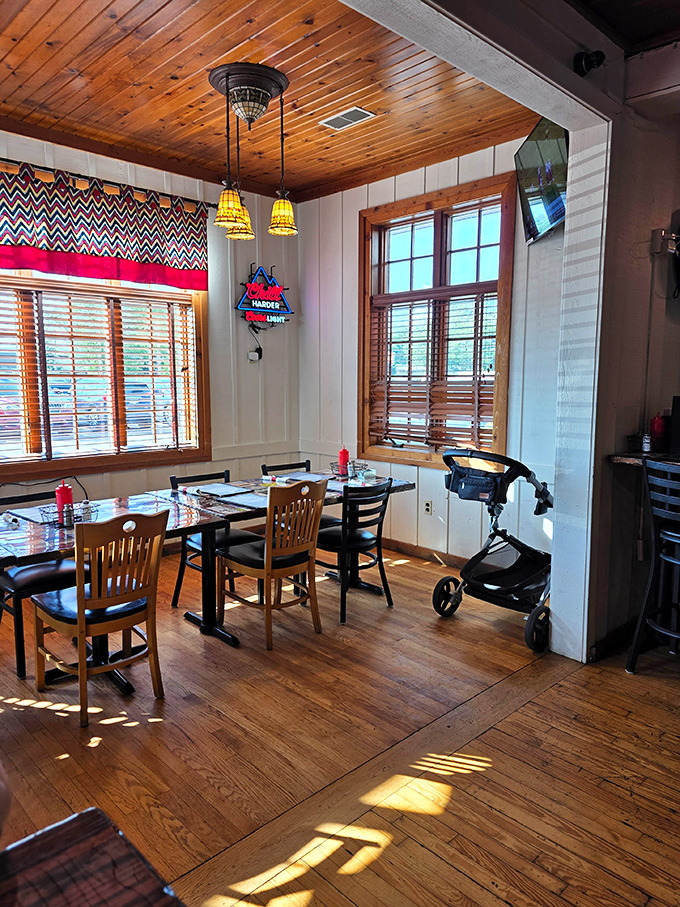 Warm wood tones and natural light create the perfect setting for serious meat consumption and easy conversation.