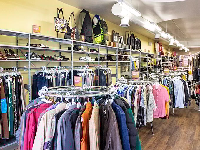 Circular racks create a treasure map of possibilities, with each turn revealing another potential wardrobe revelation waiting to be discovered.