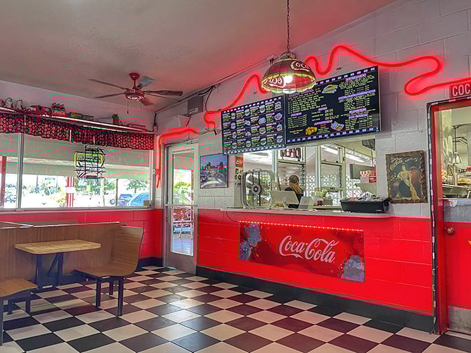 Classic red and white tiles that don't just say "American diner" &ndash; they practically sing it with a side of nostalgia.