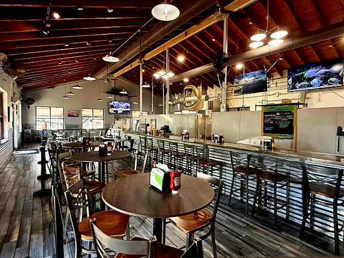 Exposed wooden beams and simple furnishings create that perfect "just-off-the-boat" atmosphere. This is where seafood stories are shared over incredible meals.