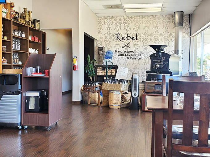 Inside, the coffee corner reveals the "Rebel" roaster&mdash;where beans are transformed with "Love, Pride & Passion" into the liquid fuel that powers Florida mornings.