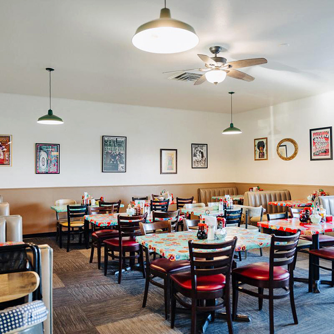 Simple elegance meets breakfast comfort in this dining room where every table feels like the best seat in the house.
