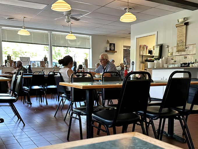 Simple, clean, and welcoming &ndash; the dining room at Katie's Kitchen puts the spotlight where it belongs: on the food and the company you share it with.