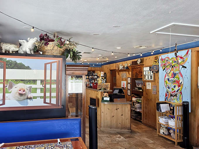 Wood-paneled walls, whimsical pig decor, and a colorful cow painting create that perfect "we've-been-here-forever" vibe that usually signals exceptional food.