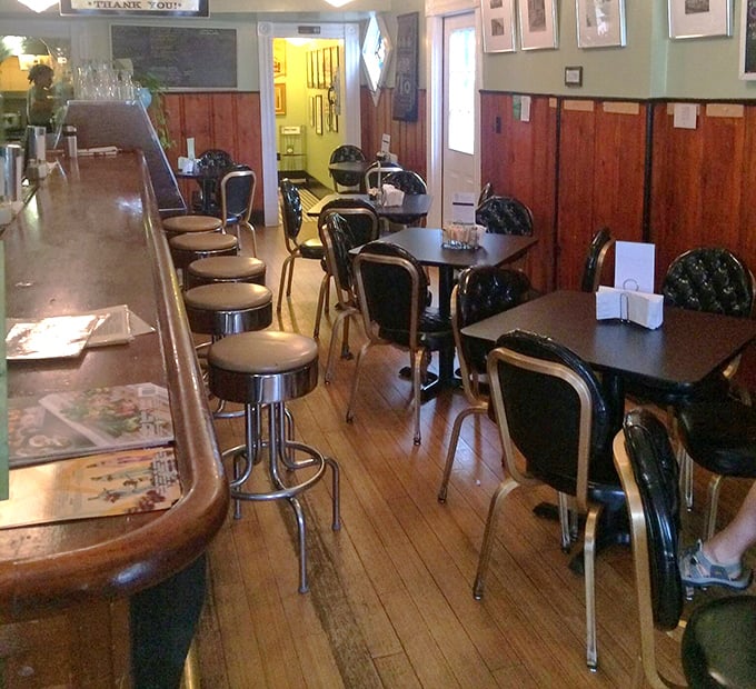 Classic diner counter meets cozy caf&eacute; vibes. Those chrome stools have probably witnessed more food epiphanies than a cooking show judge.