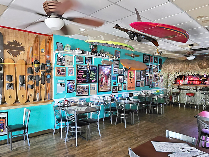 Surfboards suspended from the ceiling, turquoise walls adorned with memorabilia &ndash; this isn't just breakfast, it's a museum of Americana with hash browns.