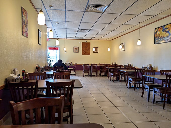 Simple wooden tables and pendant lights create the perfect no-frills setting where the food becomes the real star of the show.