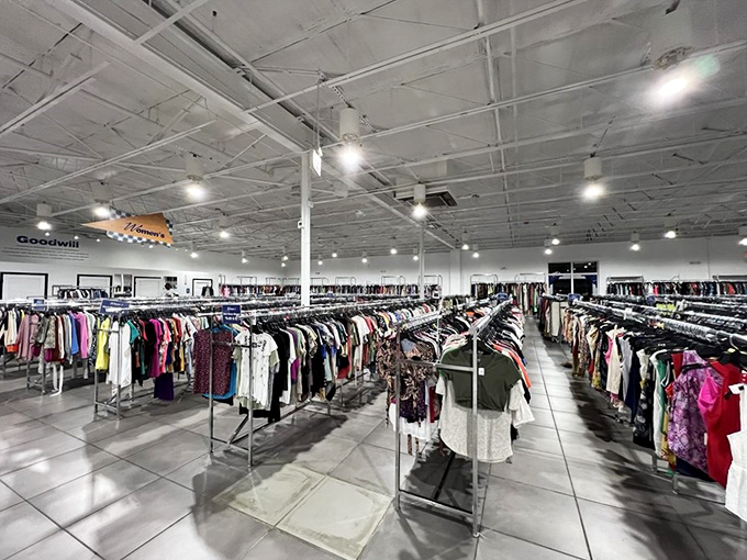 Rows upon rows of clothing stretch toward the horizon, a textile landscape where yesterday's fashion finds tomorrow's admirer.