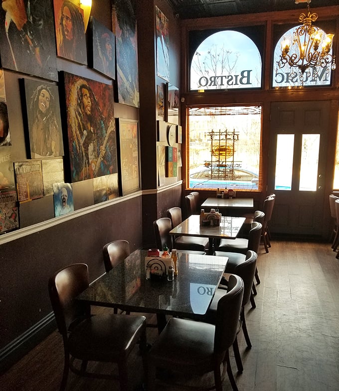 Musical legends watch over diners from every wall, creating an atmosphere where Bob Marley's soulful gaze meets the soul-satisfying comfort of exceptional sandwiches.