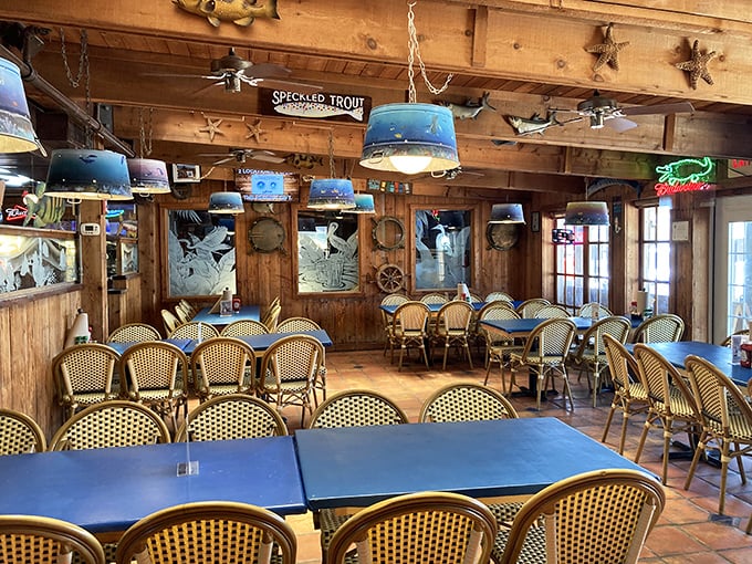 The interior feels like stepping into a beloved fishing cabin that happens to serve incredible seafood. Nautical charm without trying too hard.