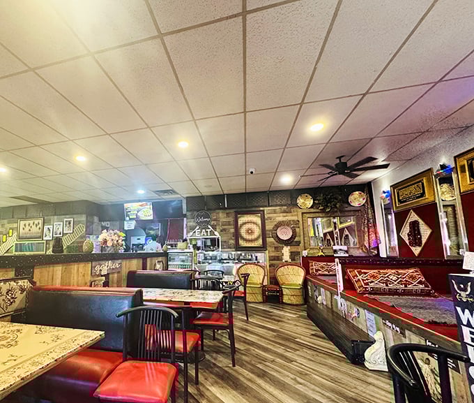 This dining room proves ambiance doesn't require fancy fixtures, just warmth, comfort, and seriously good cooking ahead.