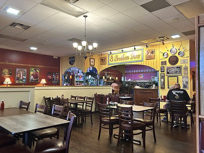 Step inside and you're transported to diner nirvana – warm yellow walls, red accents, and wood furnishings create that "everybody knows your name" atmosphere we all crave.