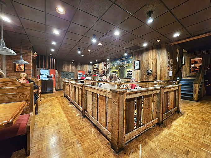 Step inside to find rustic charm meets firefighting heritage, with reclaimed wood counters and warm lighting creating the perfect backdrop for barbecue bliss.