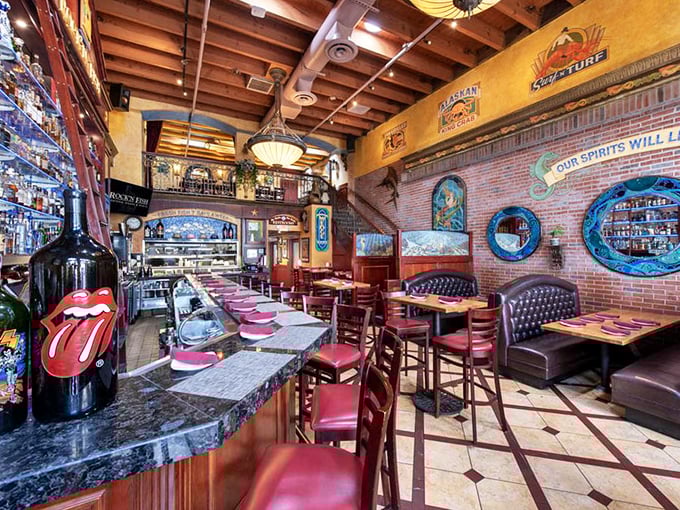 Step inside and you're greeted by warm wooden beams, exposed brick, and a bar that practically begs you to order their famous Navy Grog.