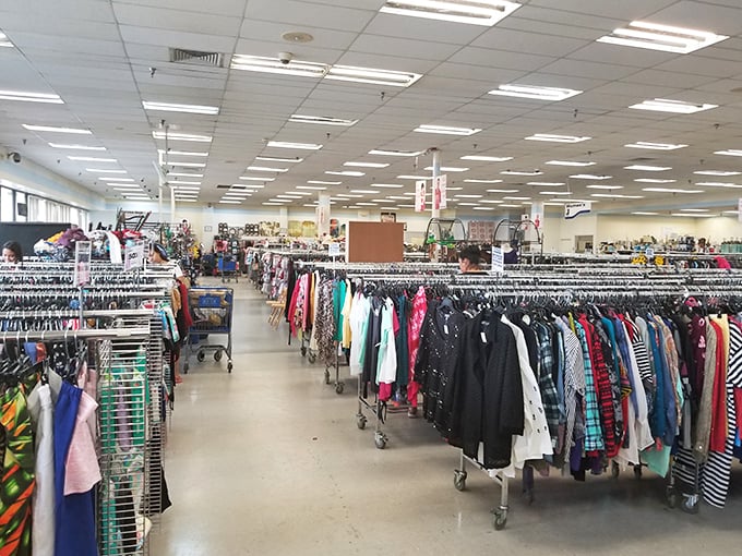 A textile forest stretches to the horizon &ndash; rack after rack of possibilities organized with military precision.