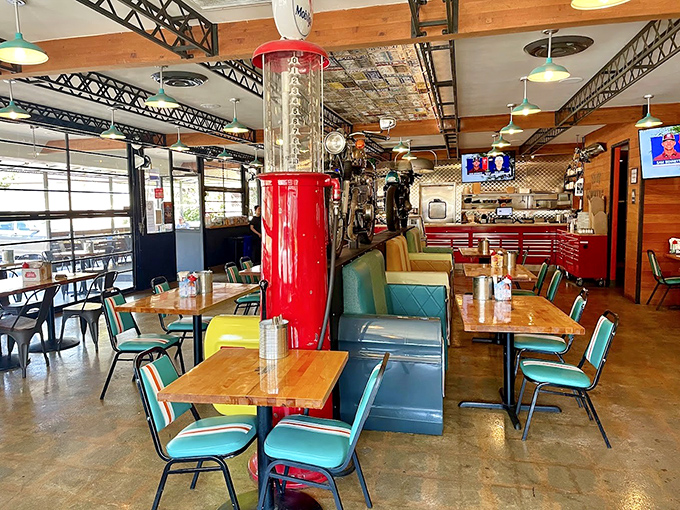 Retro-cool meets meat-lover's dream inside, where that gleaming red gas pump isn't pumping gas but pumping up your appetite instead.