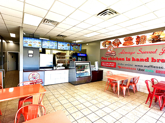 No-frills interior with a focus on what matters: that glorious menu board and the kitchen where the magic happens.