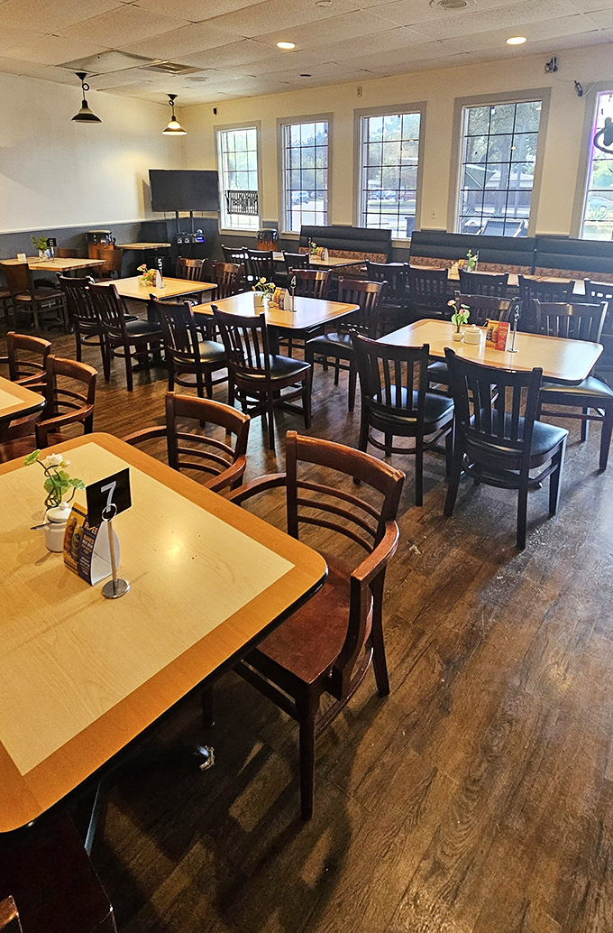 Simple wooden tables and chairs create a no-nonsense dining room where the food, not the furniture, deserves your undivided attention.