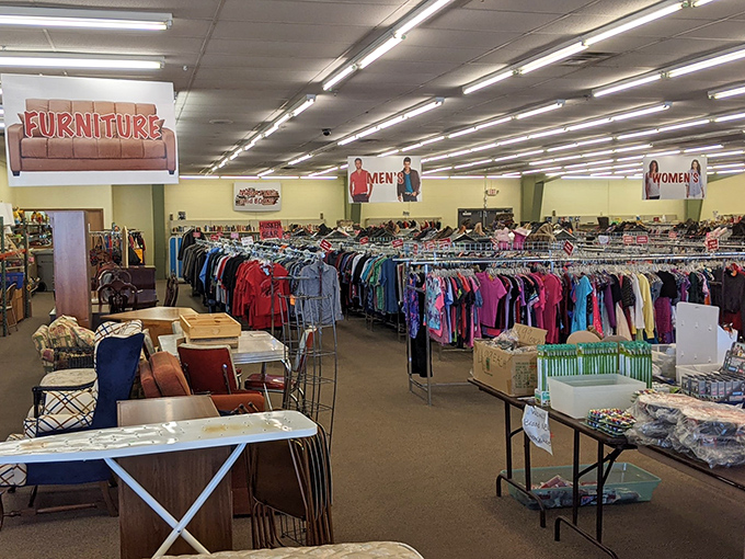 A thrifter's paradise stretches before you &ndash; racks of potential wardrobe upgrades waiting alongside furniture finds that whisper "take me home."