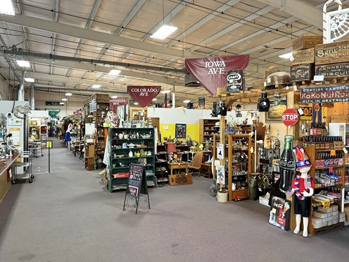 Colorful avenue banners guide shoppers through this labyrinth of nostalgia, where every aisle promises new discoveries.