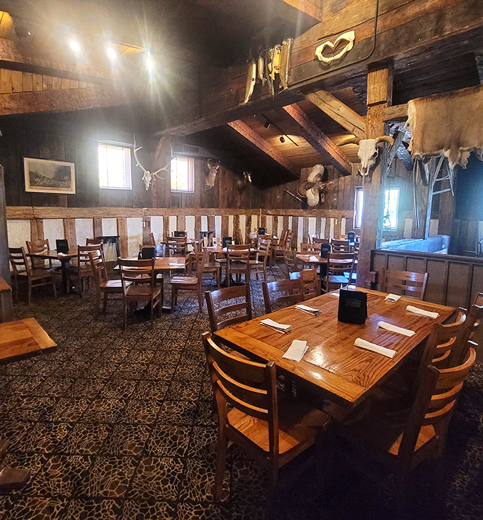 Exposed beams, hunting trophies, and wooden tables&mdash;this dining room has hosted more memorable meals than your grandmother's kitchen.