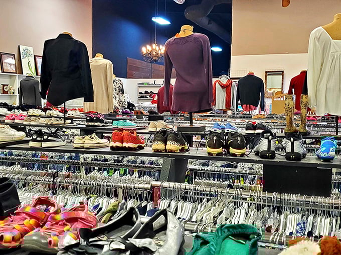 Fashion heaven awaits! Racks of carefully organized clothing stretch into the distance, each hanger potentially holding your next favorite outfit.