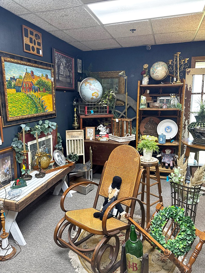 Every corner tells a story in this elegantly curated booth where vintage globes and wicker rockers transport you to another era.