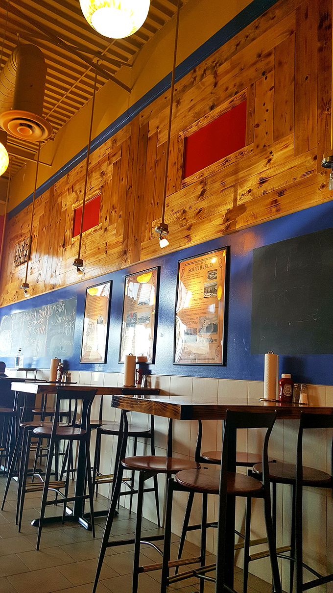 Rustic wooden accents meet blue walls in this no-frills temple of meat. The high-top tables practically whisper, "Stay awhile, carnivore."
