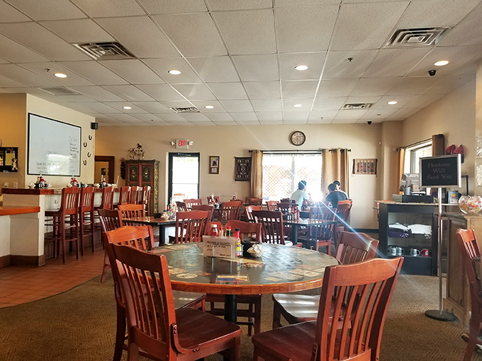 The dining room says "make yourself at home" with its wooden chairs and warm lighting&mdash;like your favorite aunt's house, if she could cook like a champion.