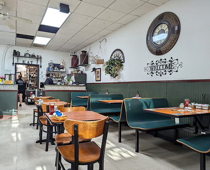 Inside Charlie's, time slows down as wooden booths and teal upholstery create the perfect backdrop for conversations over coffee and comfort food that feels like coming home.