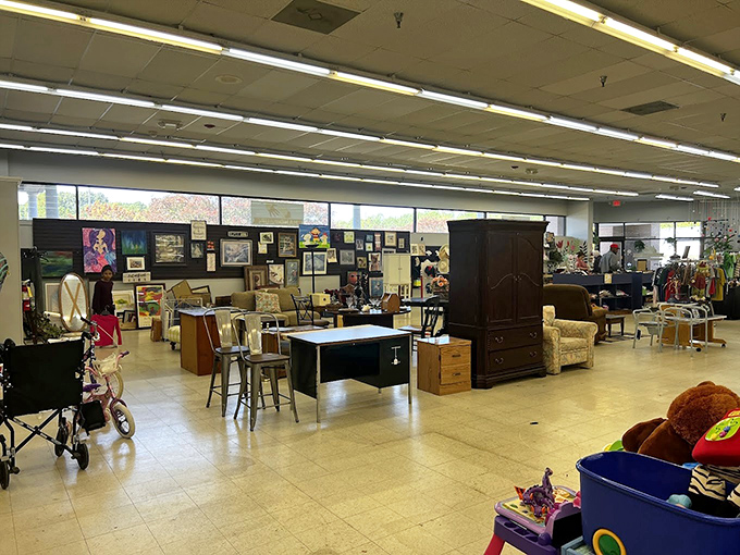 Inside reveals a cavernous space where furniture, art, and possibilities await. Your next conversation piece is hiding somewhere in this room.